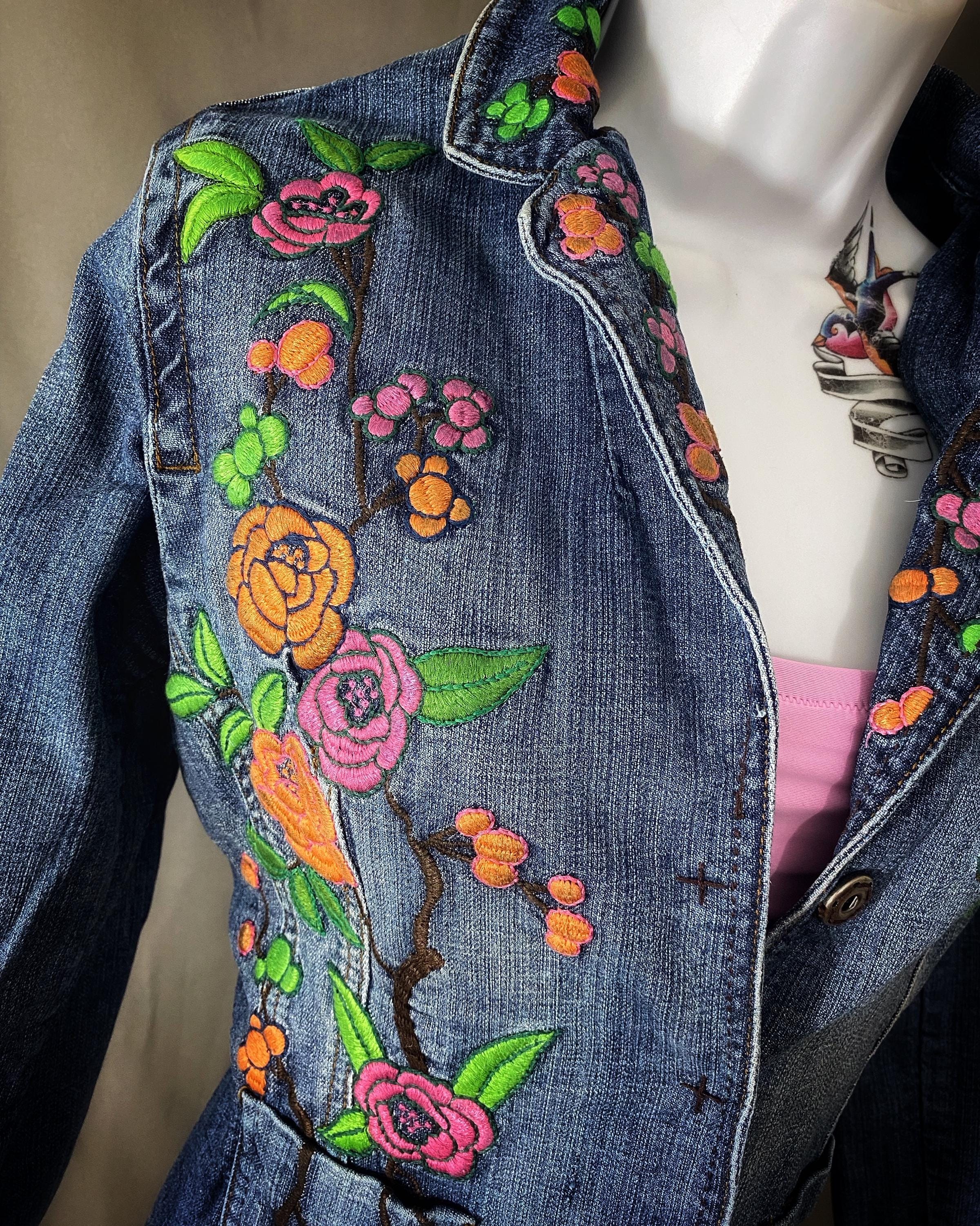 Floral Embroidered Denim Jacket, Pink, Orange, Green on Blue Jean ...