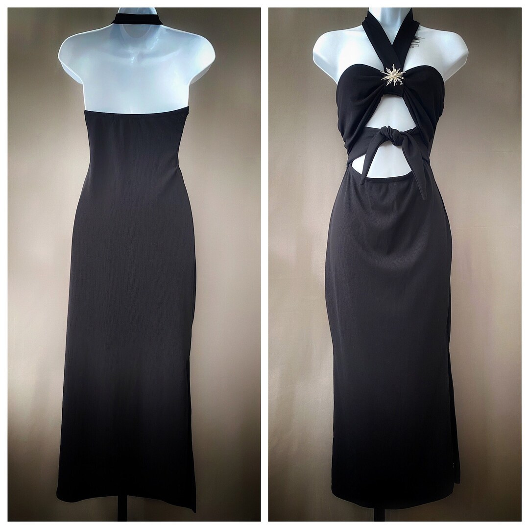 90s Black Bodycon Halter Lbd, Front Cutouts, Side Slits Cocktail Dress ...
