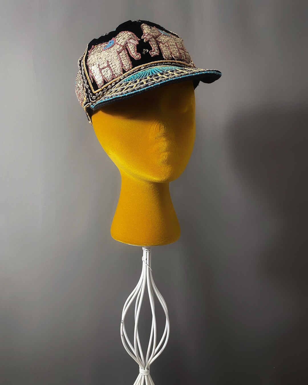 80s Elephant Embroidered Baseball Cap, Black Velvet Vintage Sequin ...