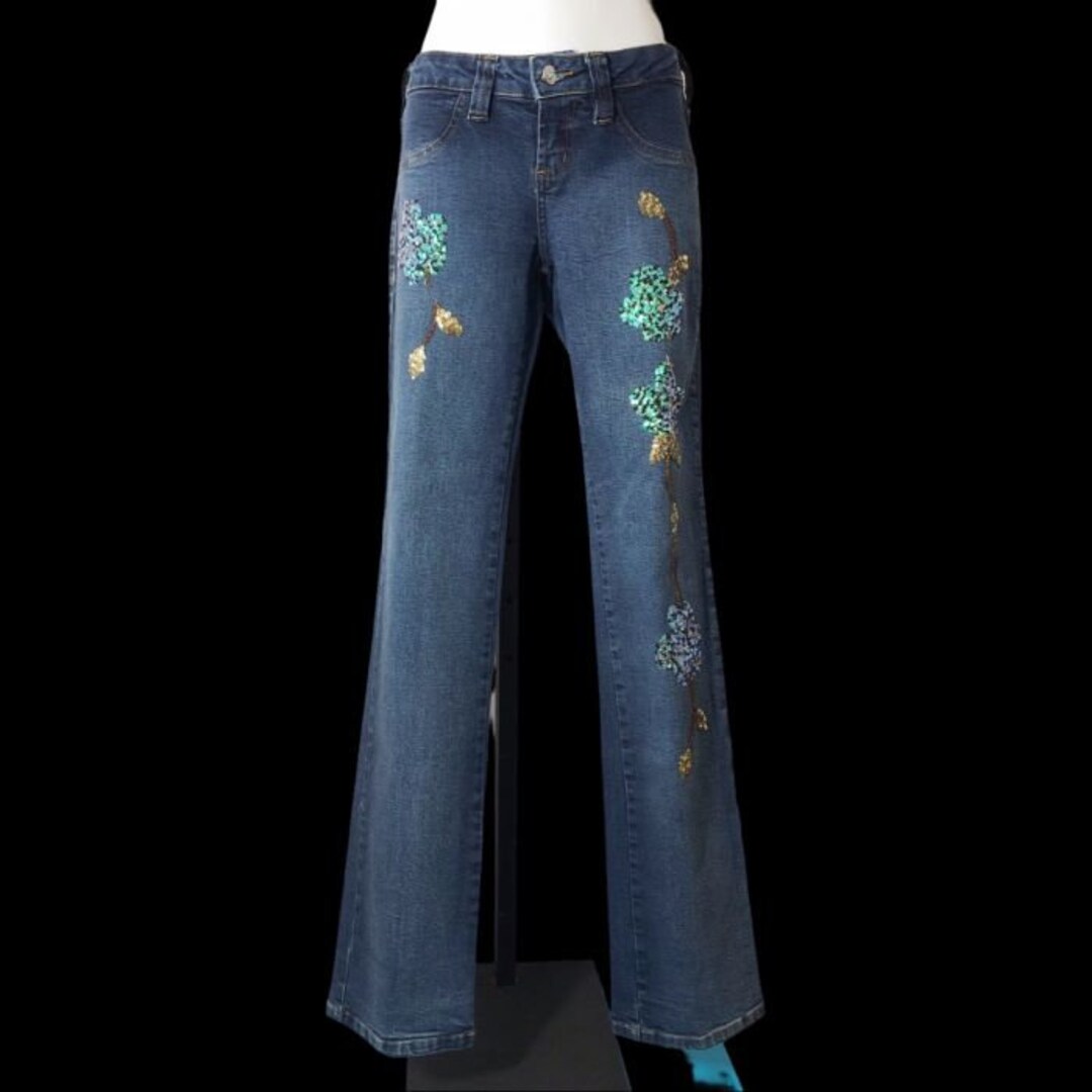 80s Embellished Denim Jeans Brazilian Bead + Sequin Floral Womens Size ...