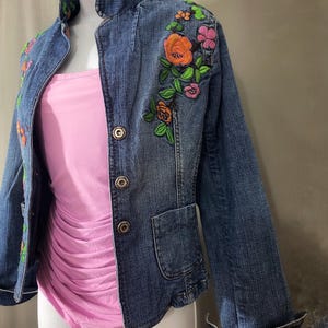 Floral Embroidered Denim Jacket, Pink, Orange, Green on Blue Jean ...