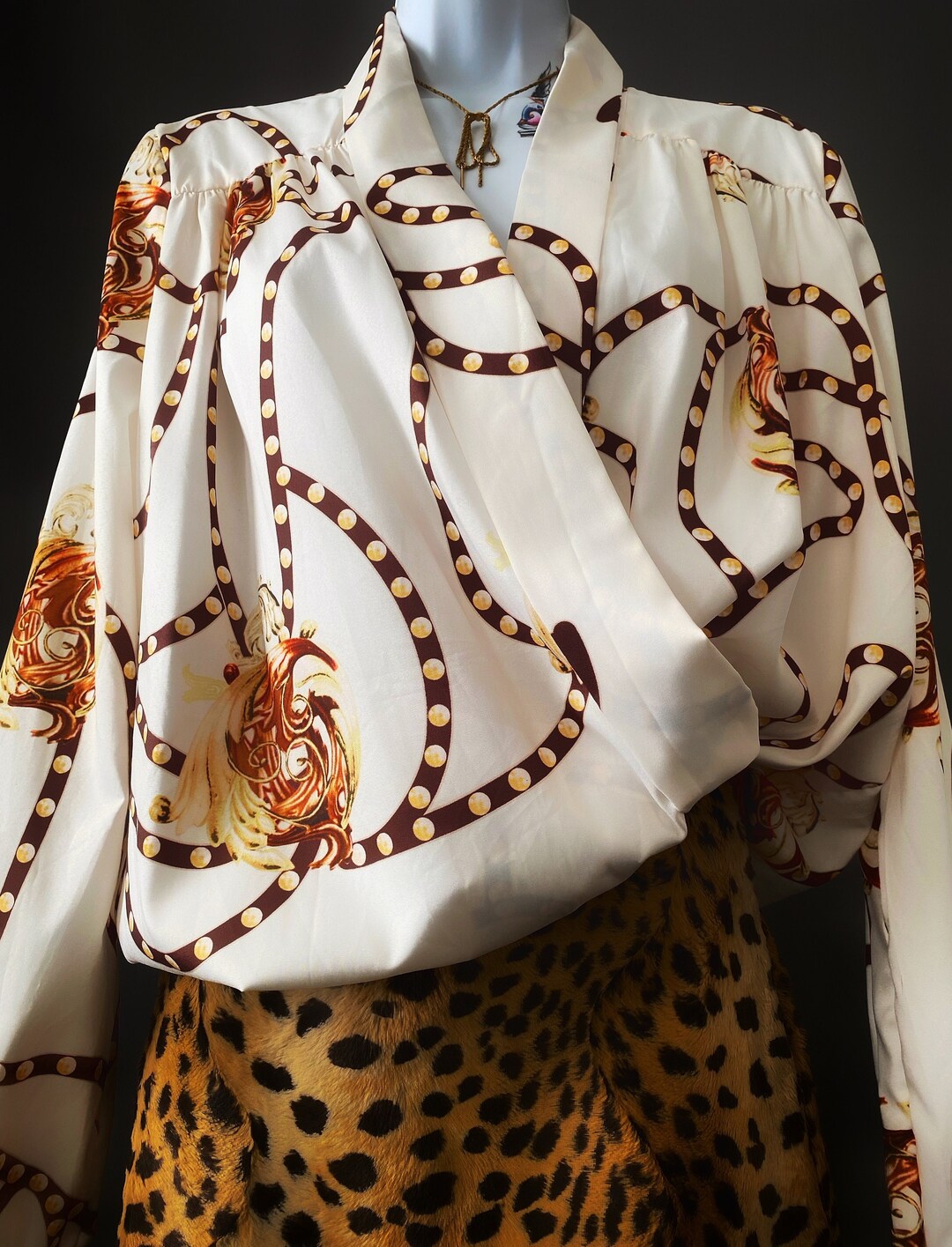 80s Scarf Print Blouson Top, Vintage Long Sleeve Novelty Wrap Front ...