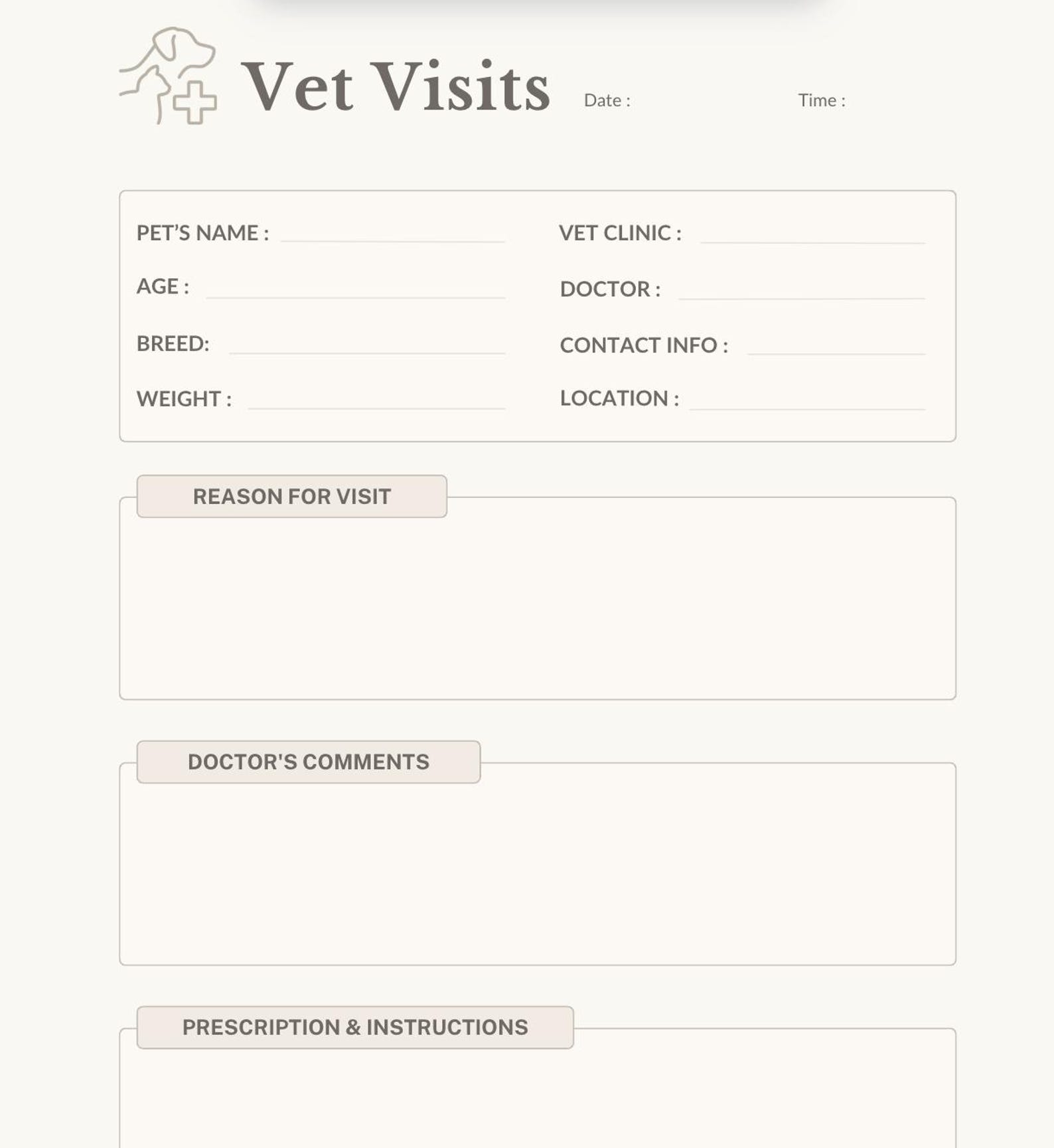 Printable Vet Visit Log | Pet Medical Appointment Tracker | Dog & Cat ...