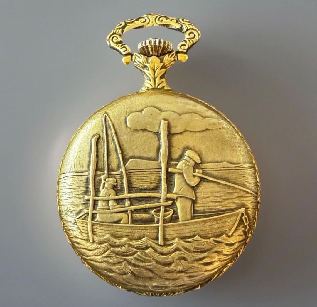 Vintage Marcel 17 Jewel Mechanical Pocket Watch | Gold Fisherman Scene ...