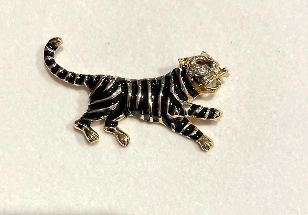 Vintage Tiger Brooch – Gold Tone & Black Striped – Red Rhinestone Eyes ...