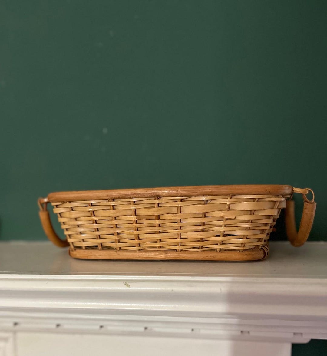 Vintage (1980s) Wood-framed Wicker Basket With Handles - Rustic Storage ...