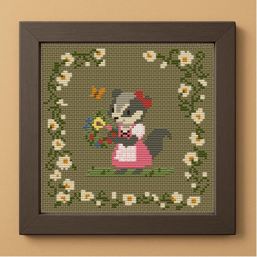 Lady Badger Making a Flower Wreath - Spring Joy Cross Stitch Pattern ...