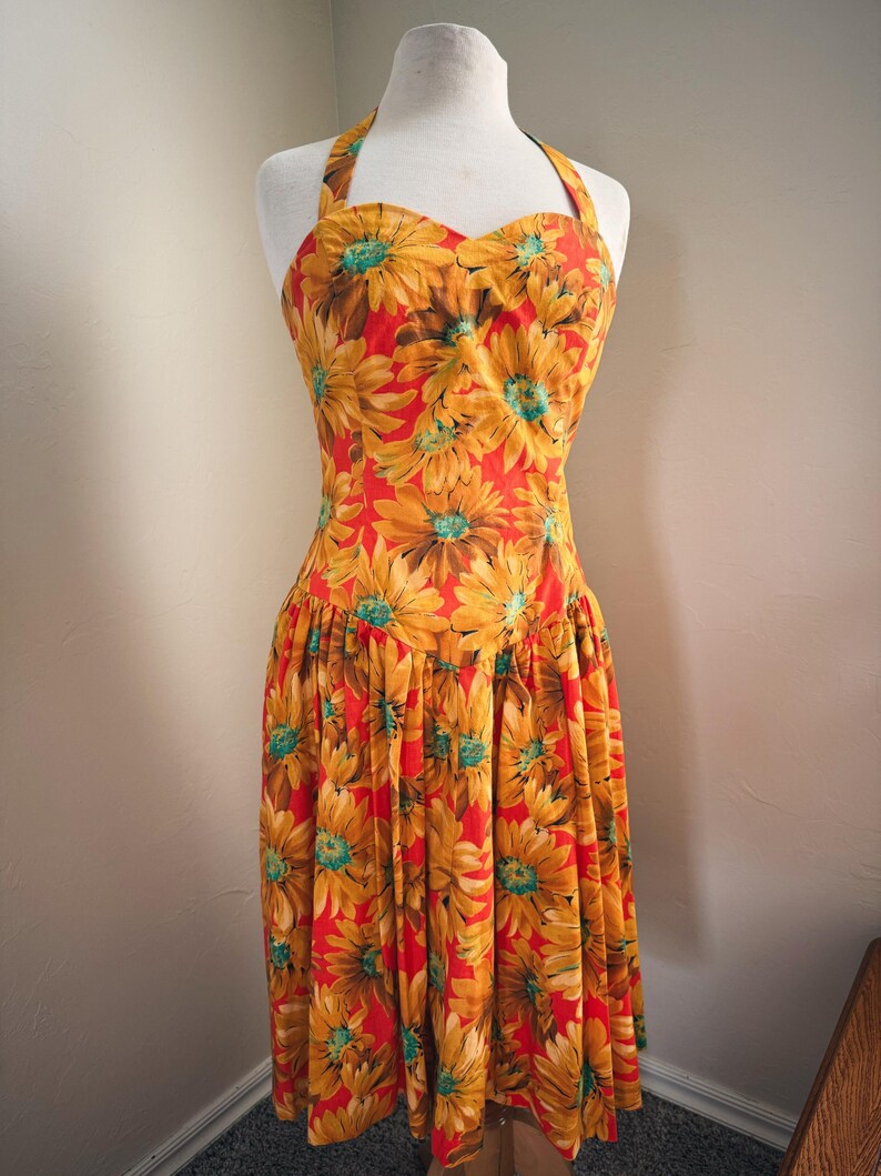 1980s Basque Waist Halter Sunflower Dress - Etsy