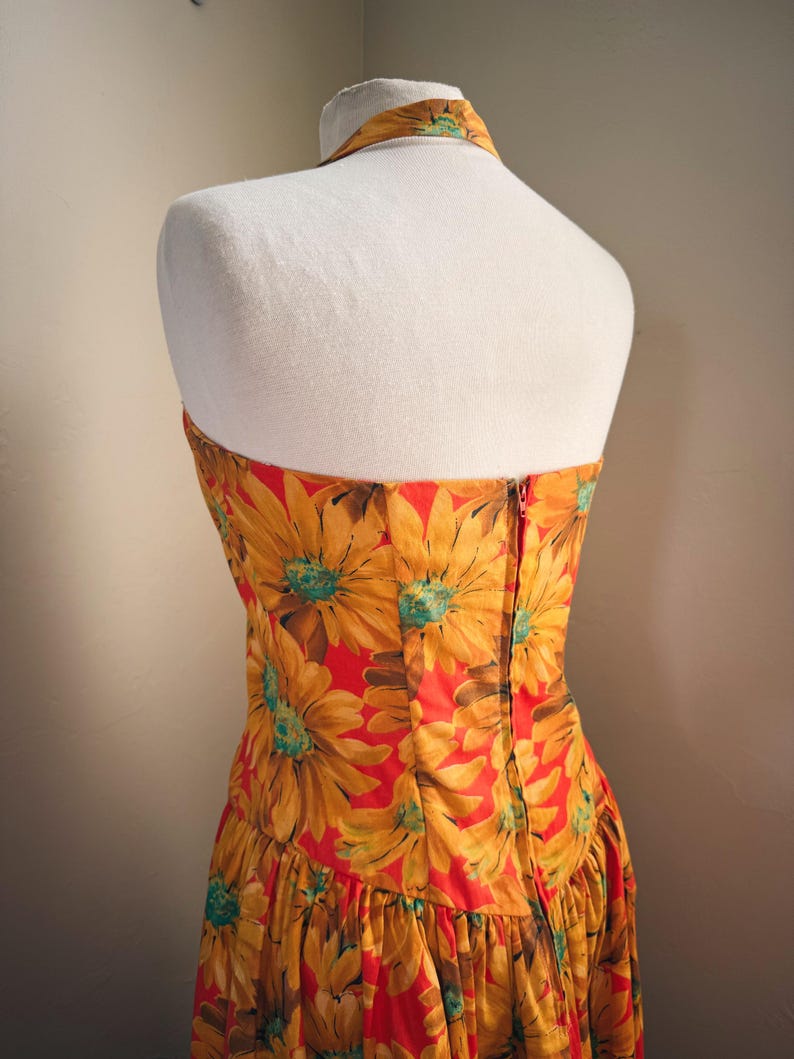 1980s Basque Waist Halter Sunflower Dress - Etsy