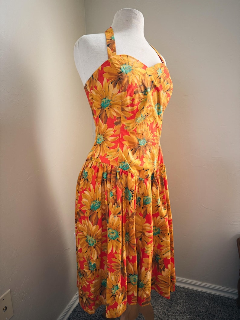 1980s Basque Waist Halter Sunflower Dress - Etsy