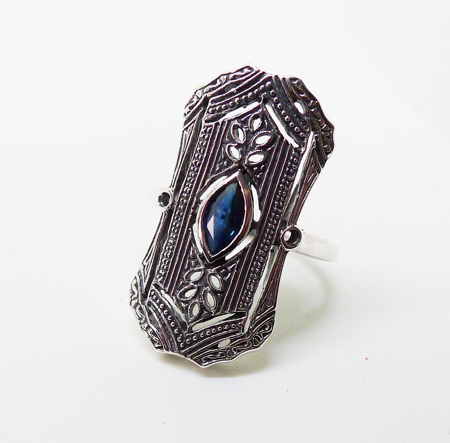 Art Deco Style Sterling Silver Ring Natural Sapphire Victorian | Etsy