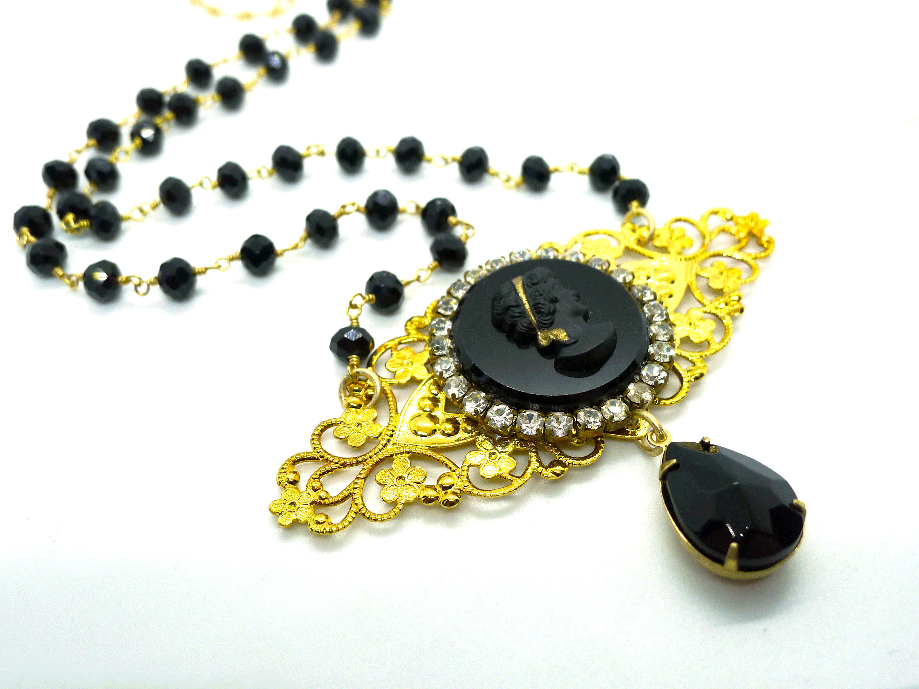 Maiden Cameo // Vintage 1940s German Jet Glass Cameo and Drop Statement ...