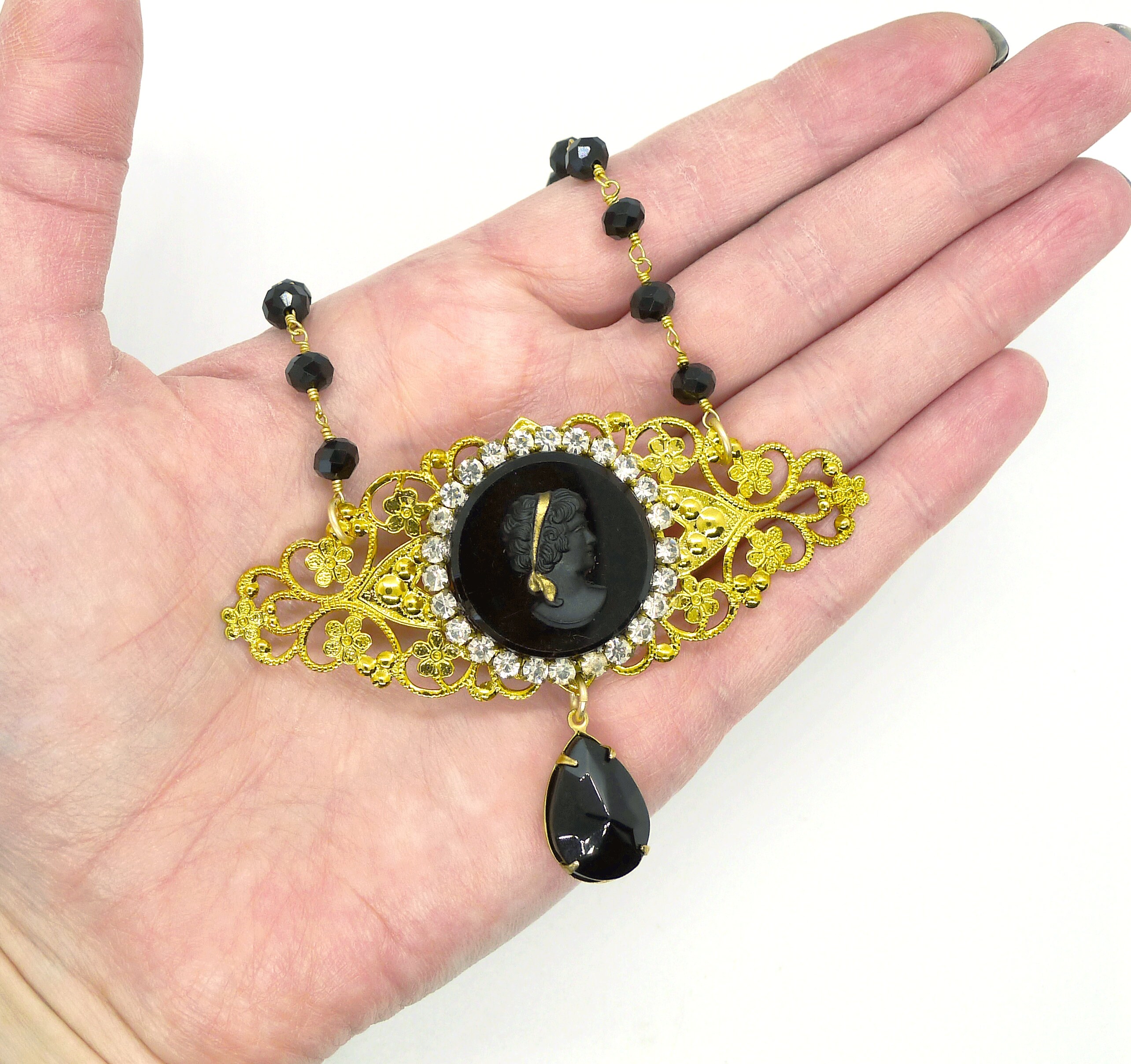 Maiden Cameo // Vintage 1940s German Jet Glass Cameo and Drop Statement ...