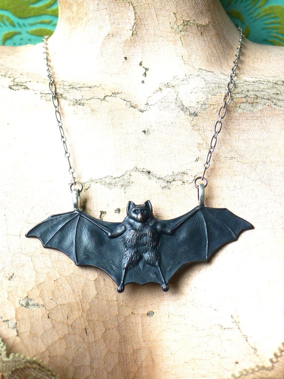 Black Batty // Large Blackened Brass Bat Necklace Goth Gothic | Etsy