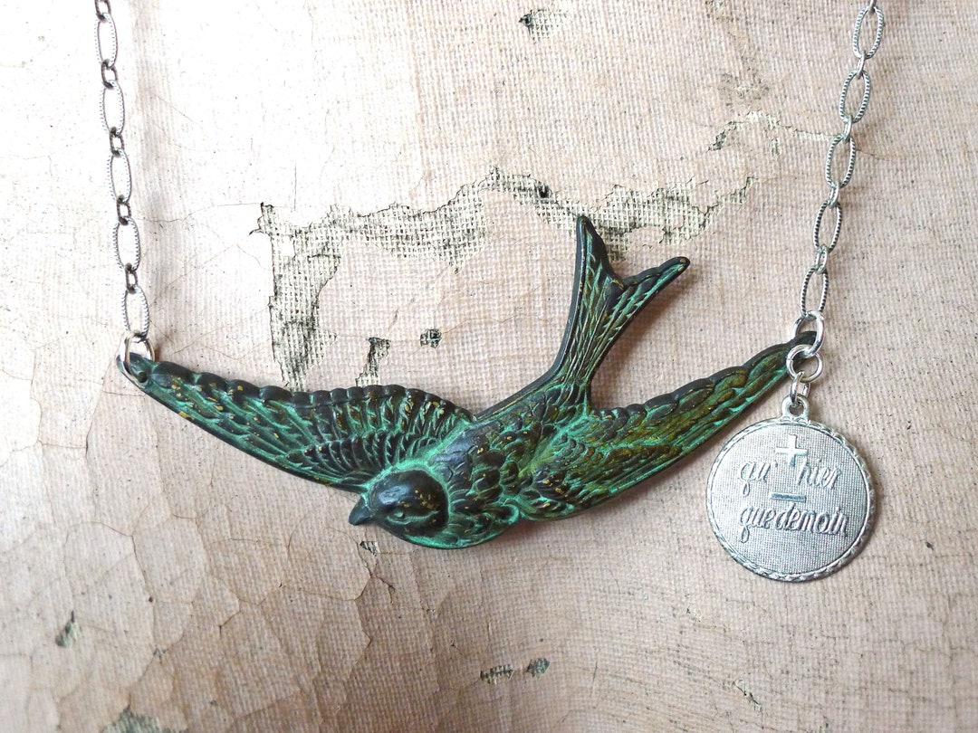 Qu'hier Que Demain // Verdigris Bird Swallow Necklace W/ Silver French ...
