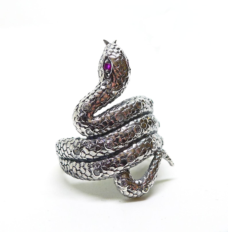 Sterling Silver Snake Ring With Ruby Eyes and White Topaz // Victorian ...