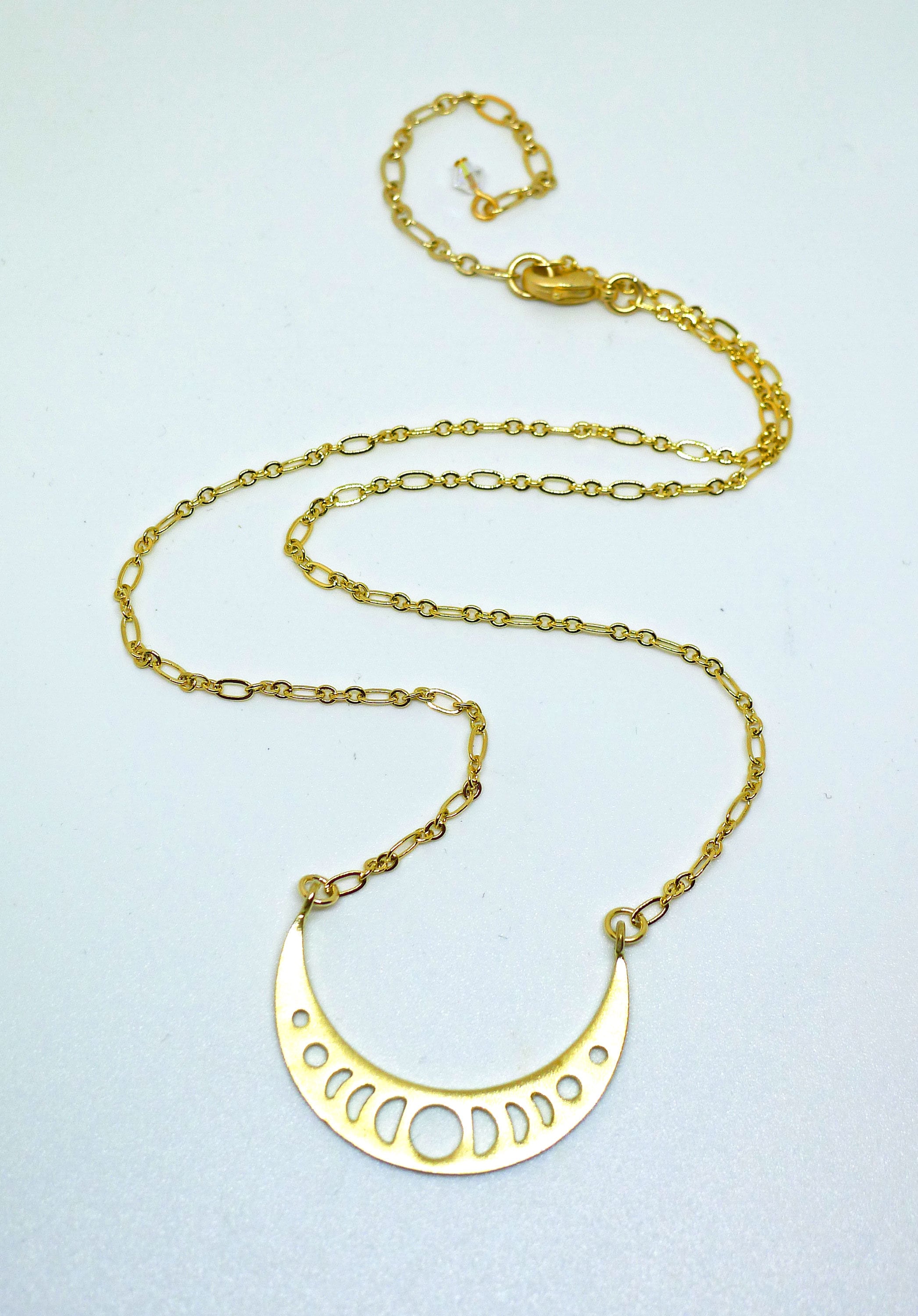 Moon Phase Crescent // Brass Moon Phases Necklace on Gold Chain Witchy ...
