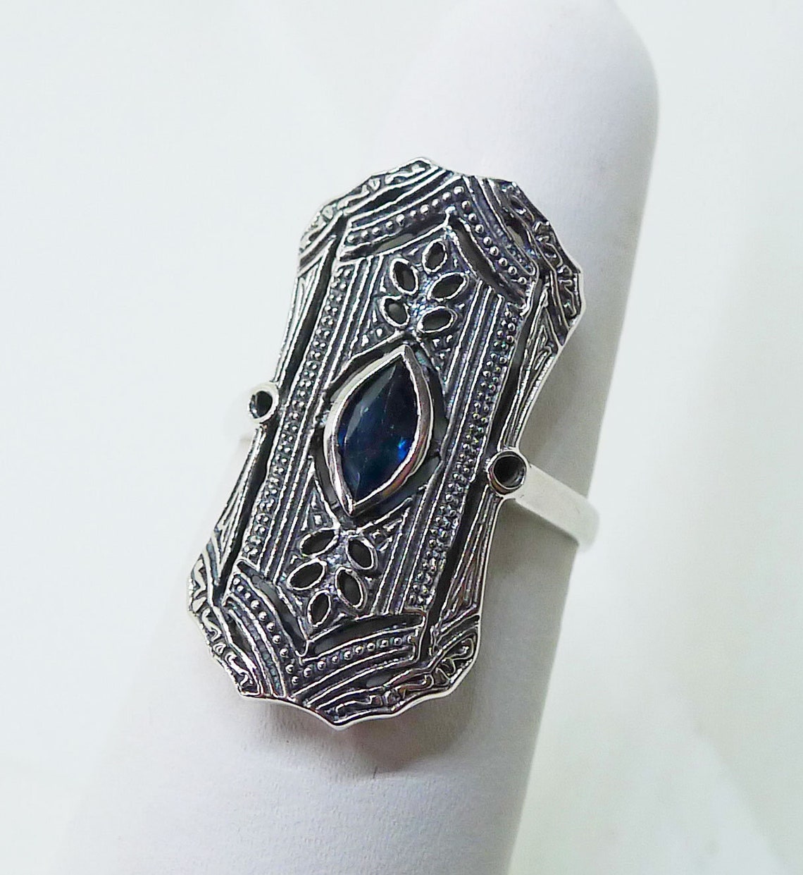 Art Deco Style Sterling Silver Ring Natural Sapphire Victorian | Etsy