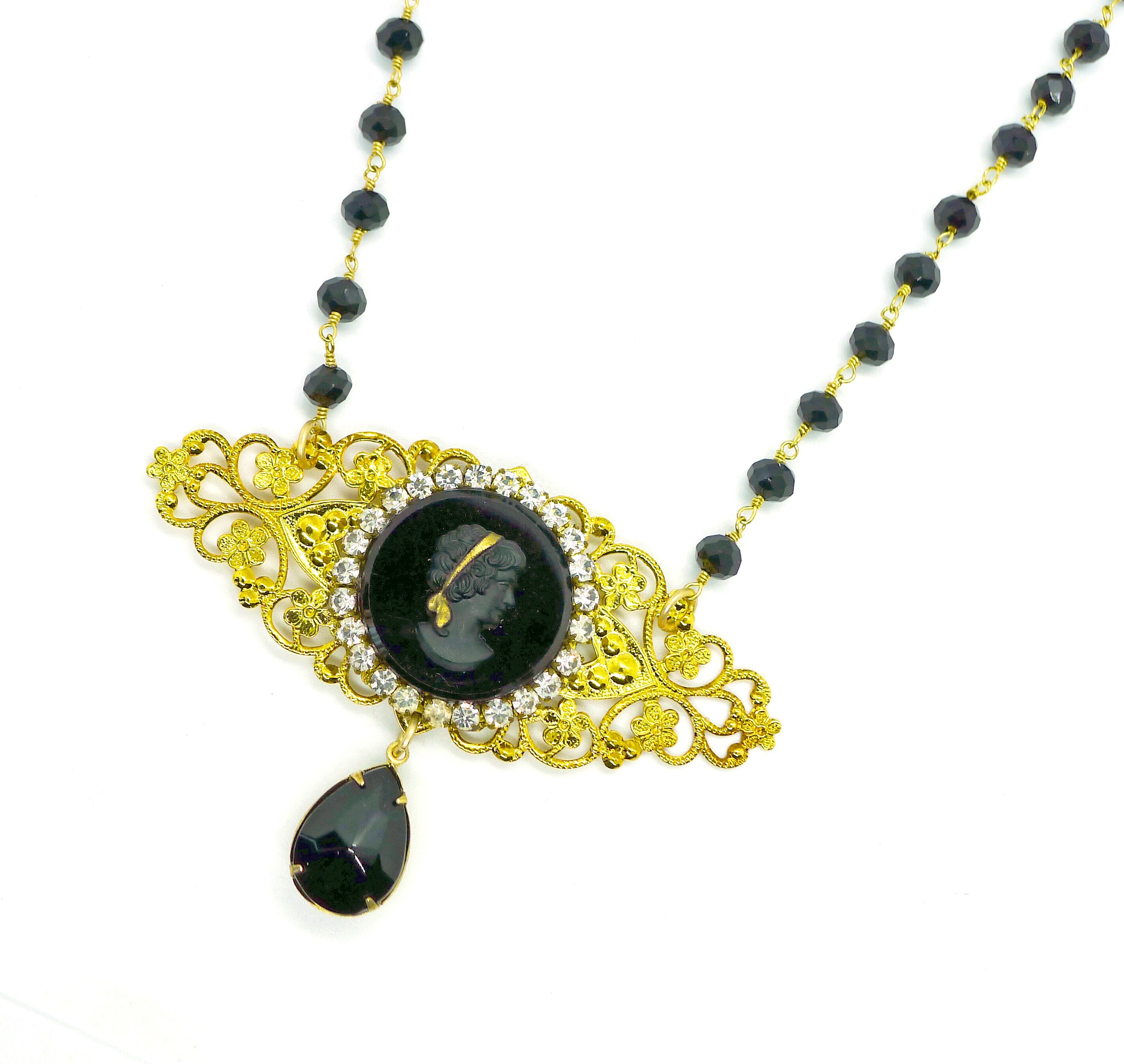 Maiden Cameo // Vintage 1940s German Jet Glass Cameo and Drop Statement ...