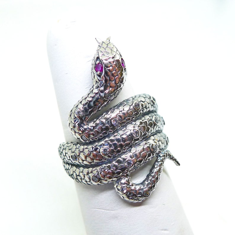 Sterling Silver Snake Ring With Ruby Eyes and White Topaz // Victorian ...