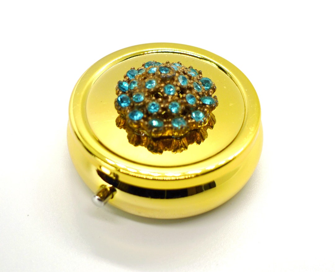 Aqua Gem Box // Gold Plated Round Pill Box Vintage Aquamarine ...