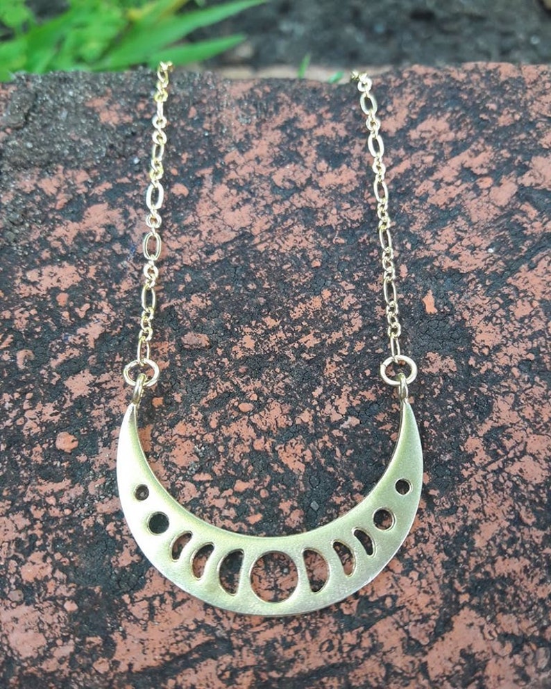 Moon Phase Crescent // Brass Moon Phases Necklace on Gold Chain Witchy ...