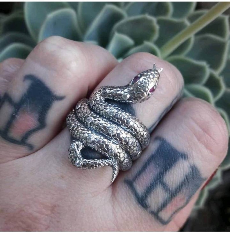 Sterling Silver Snake Ring With Ruby Eyes and White Topaz // Victorian ...