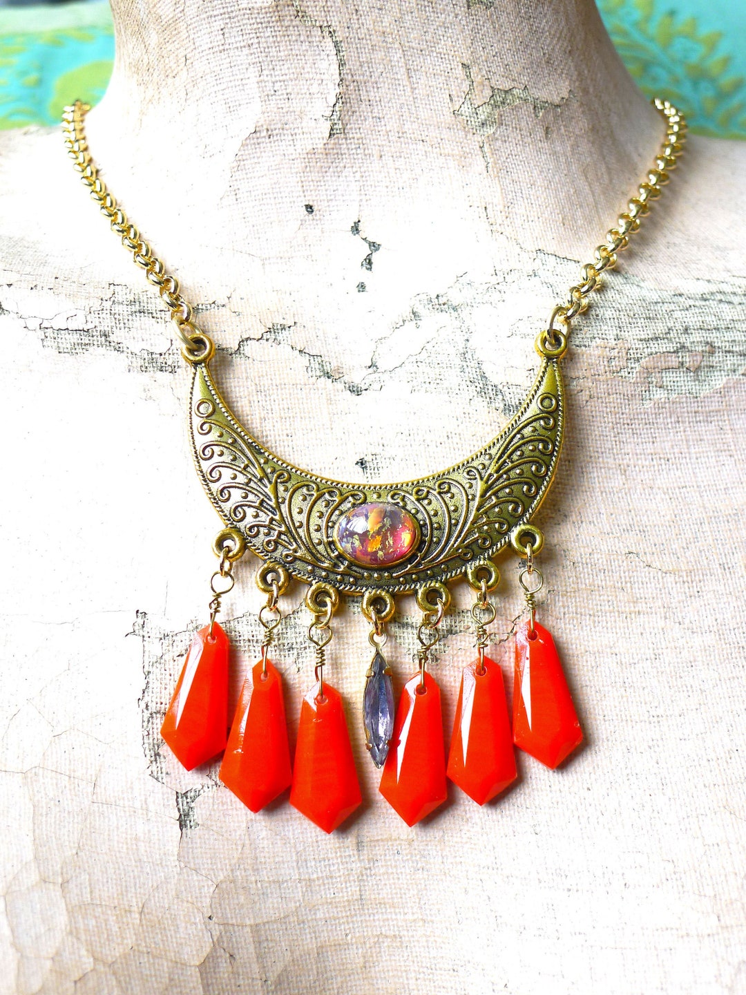 Gypsy Fringe // Gold Crescent Statement Necklace W/ Vintage 1920s Coral ...