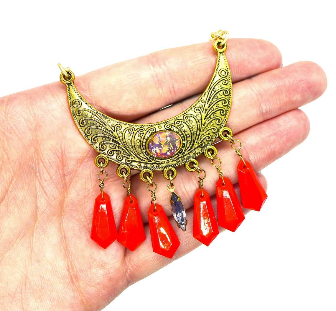 Gypsy Fringe // Gold Crescent Statement Necklace W/ Vintage | Etsy