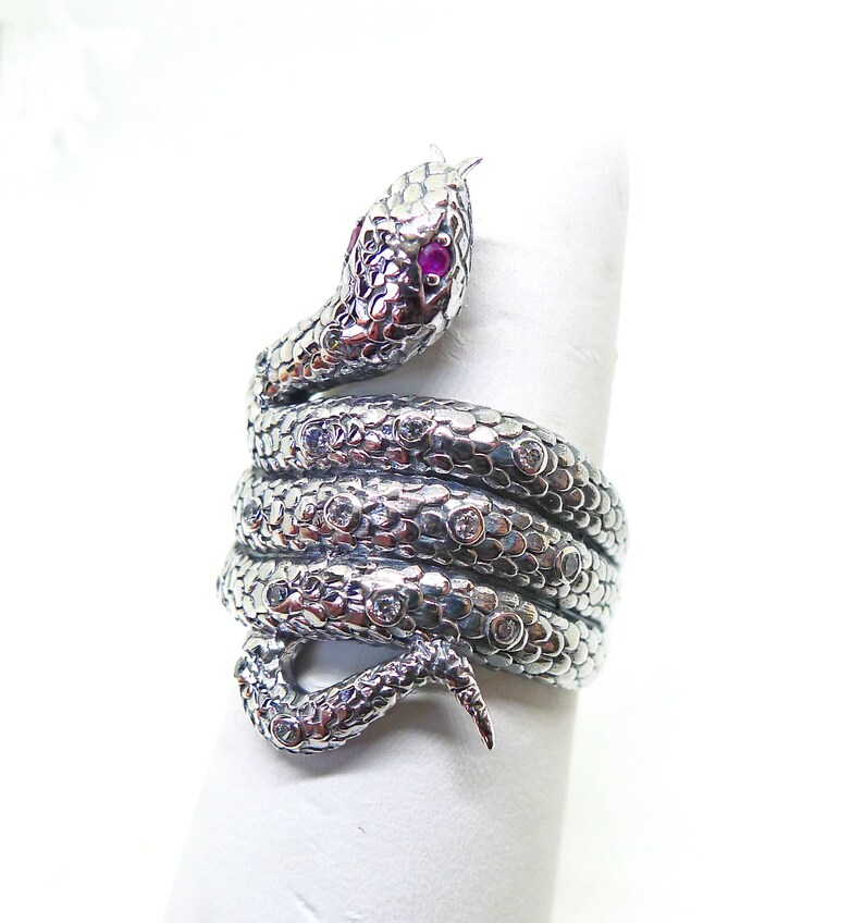 Sterling Silver Snake Ring With Ruby Eyes and White Topaz // Victorian ...