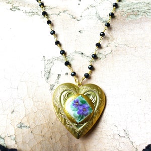 Violet Locket // 1900s Porcelain Hand Painted Victorian Floral Cameo on ...