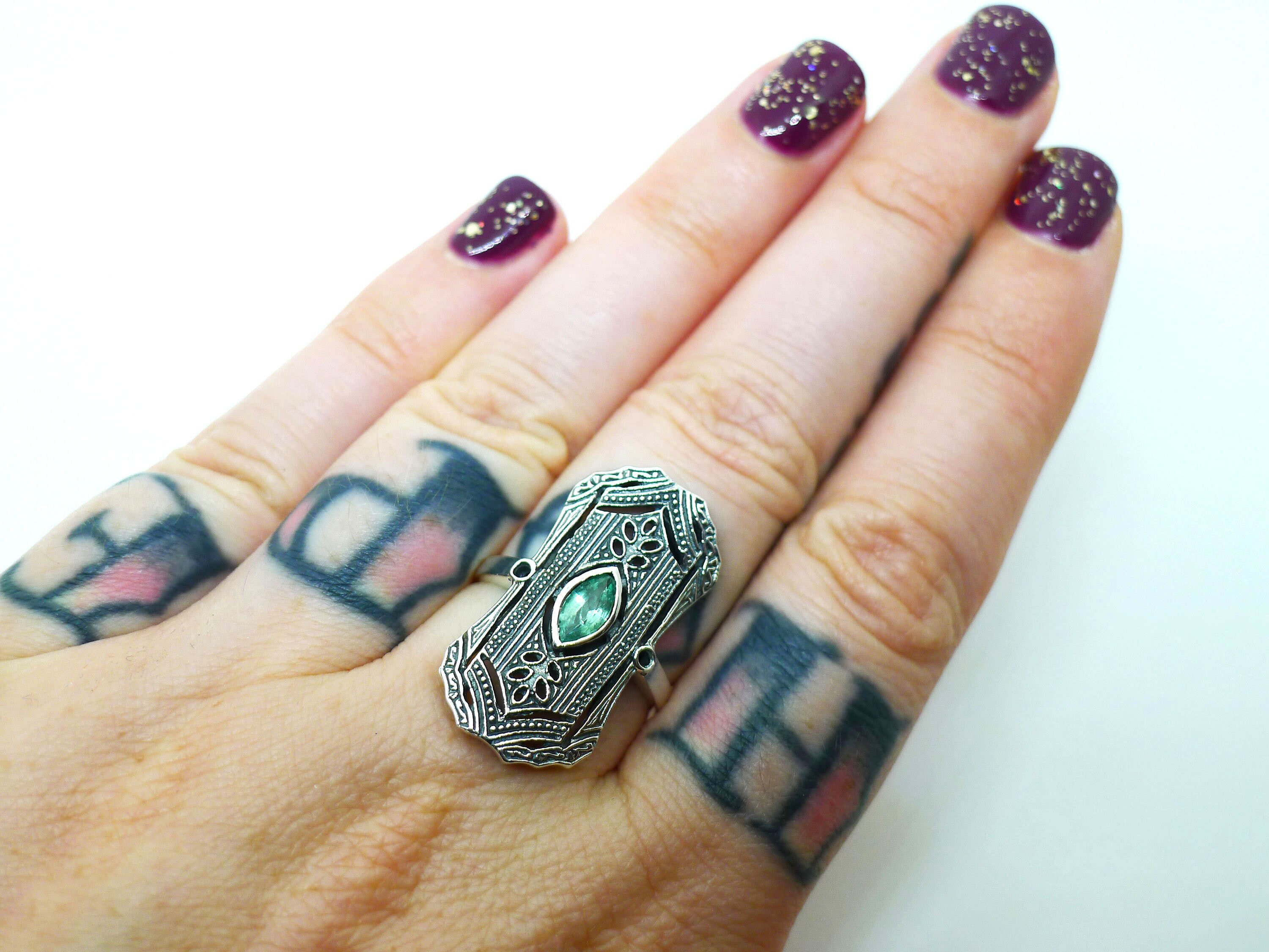 Art Deco Style Sterling Silver Ring With Natural Emerald // | Etsy
