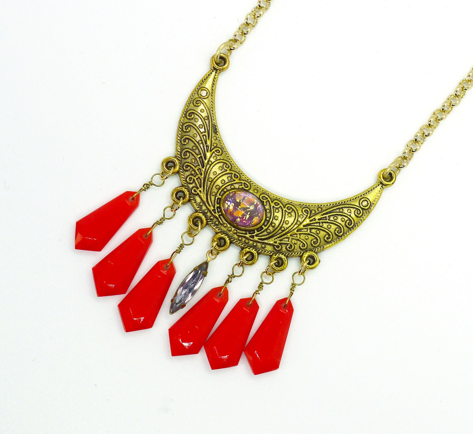 Gypsy Fringe // Gold Crescent Statement Necklace W/ Vintage | Etsy