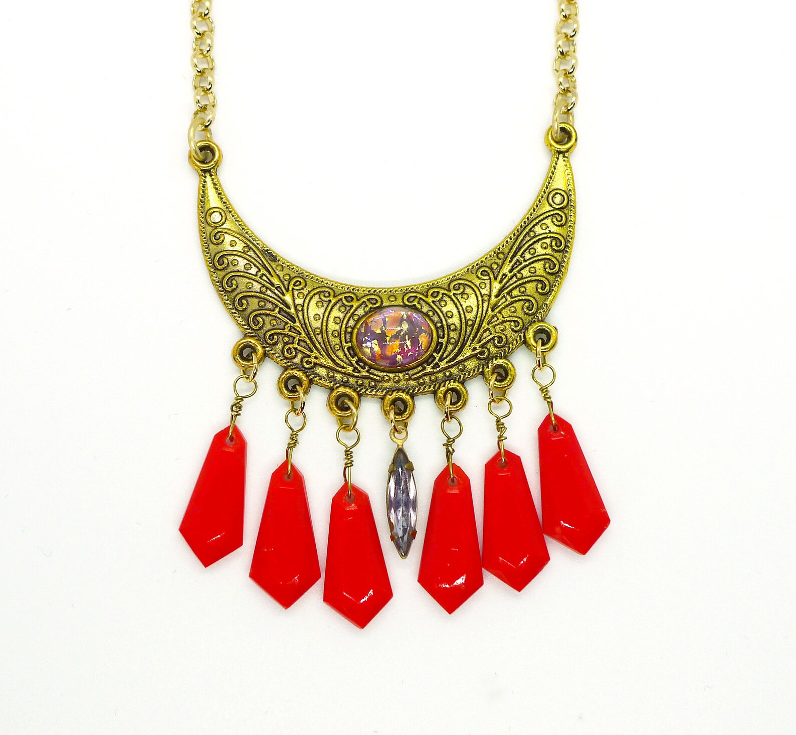 Gypsy Fringe // Gold Crescent Statement Necklace W/ Vintage | Etsy