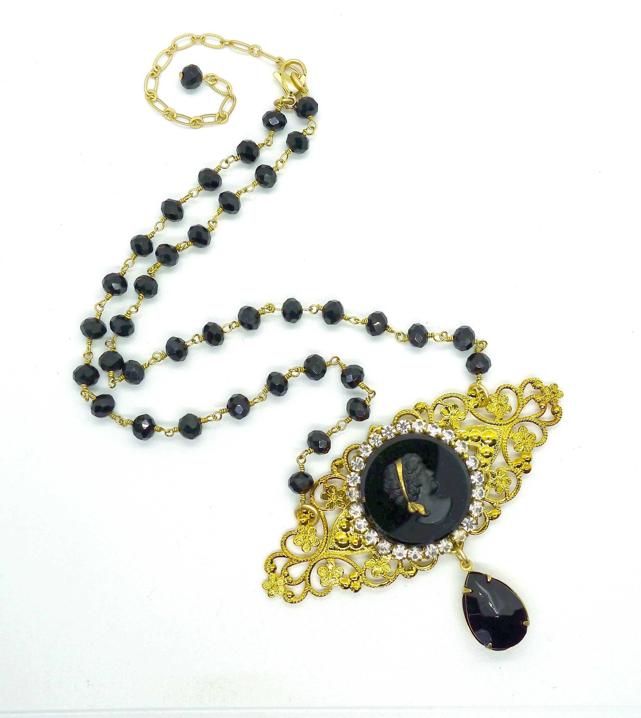Maiden Cameo // Vintage 1940s German Jet Glass Cameo and Drop Statement ...