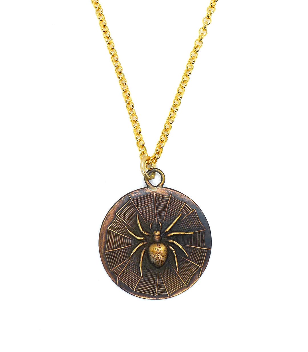 Itsy Bitsy Spider // Brass Spider & Web Medallion Necklace on Gold ...