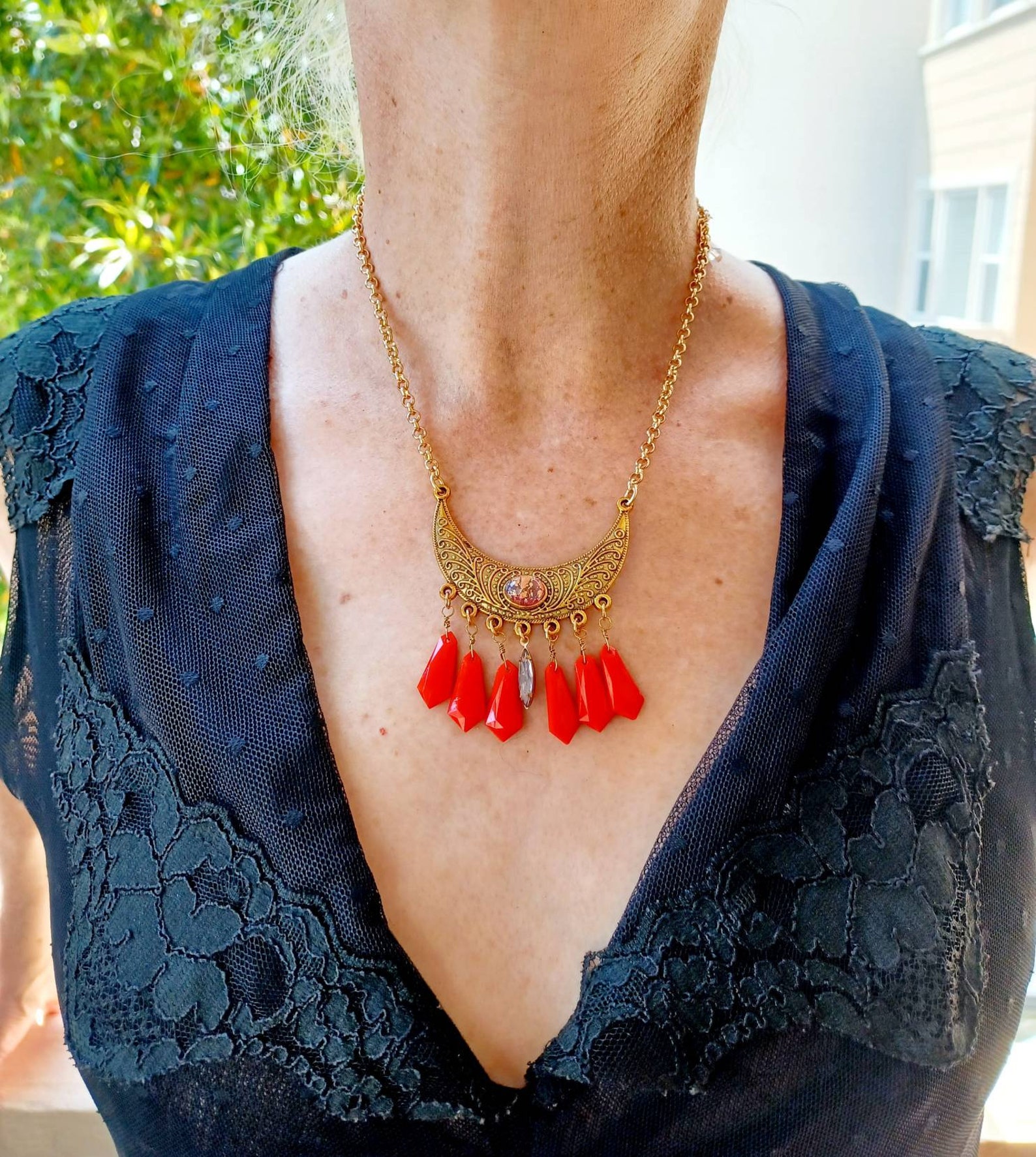 Gypsy Fringe // Gold Crescent Statement Necklace W/ Vintage | Etsy