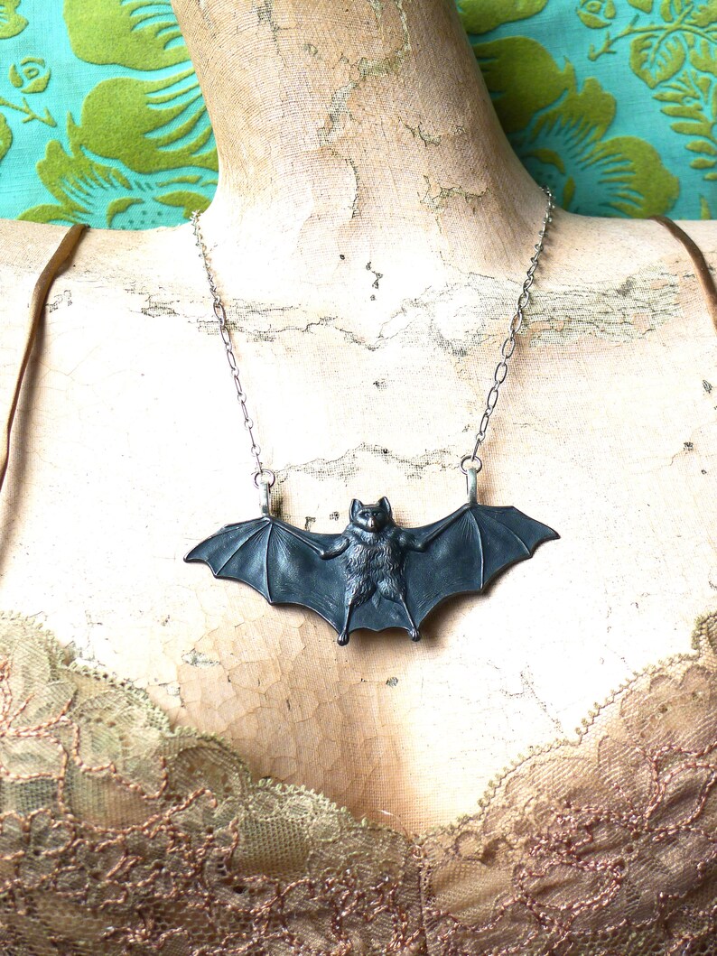 Black Batty // Large Blackened Brass Bat Necklace Goth Gothic | Etsy