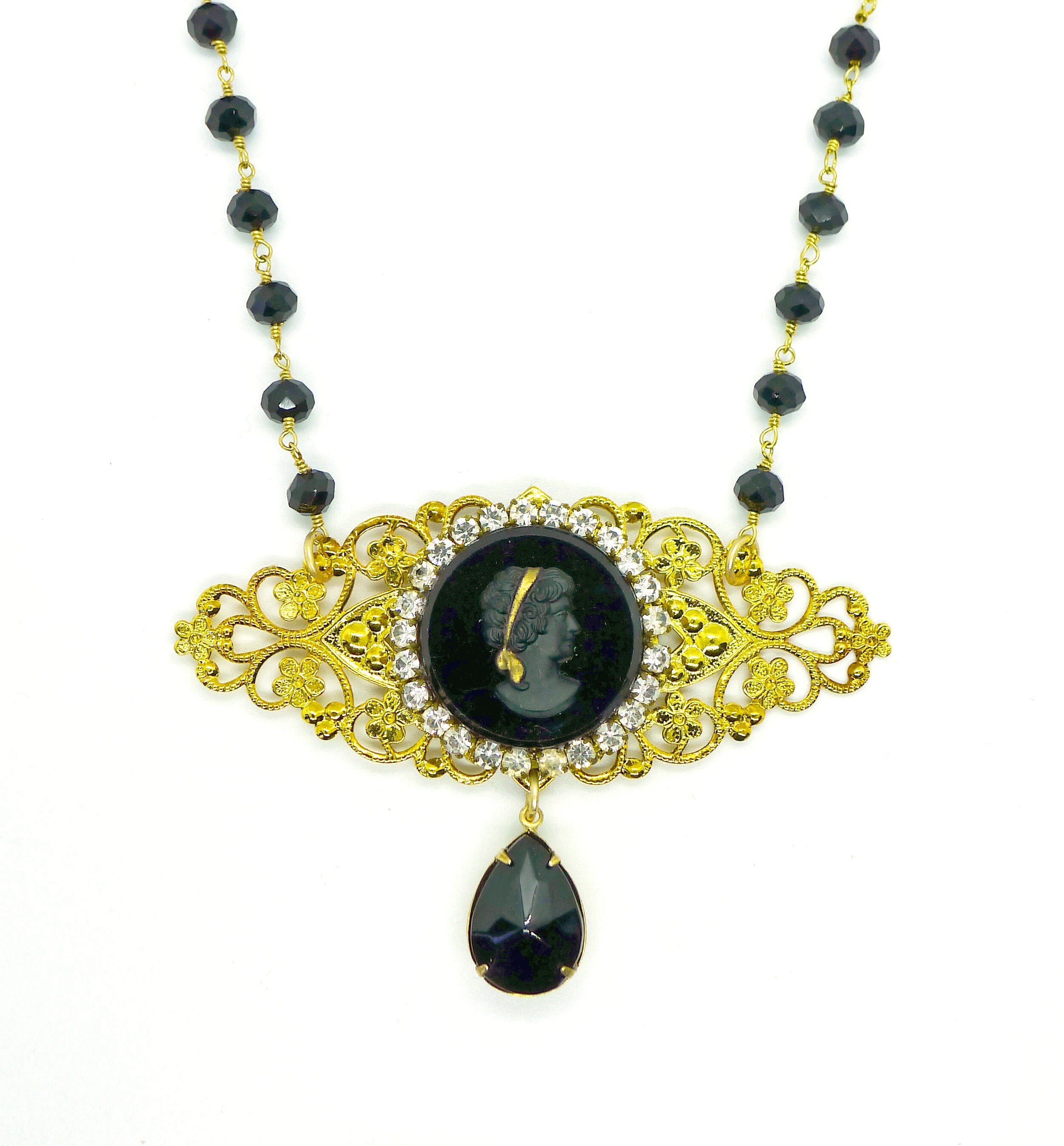 Maiden Cameo // Vintage 1940s German Jet Glass Cameo and Drop Statement ...