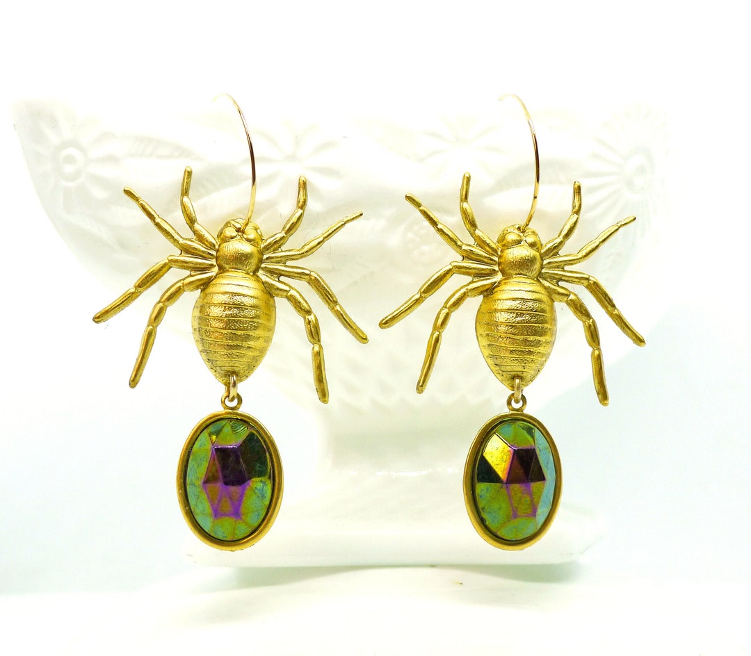 Golden Spiders // Brass Gold Spider Earrings With 1940s Carnival Glass ...