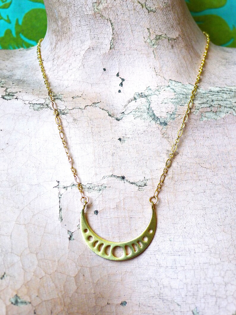Moon Phase Crescent // Brass Moon Phases Necklace on Gold Chain Witchy ...
