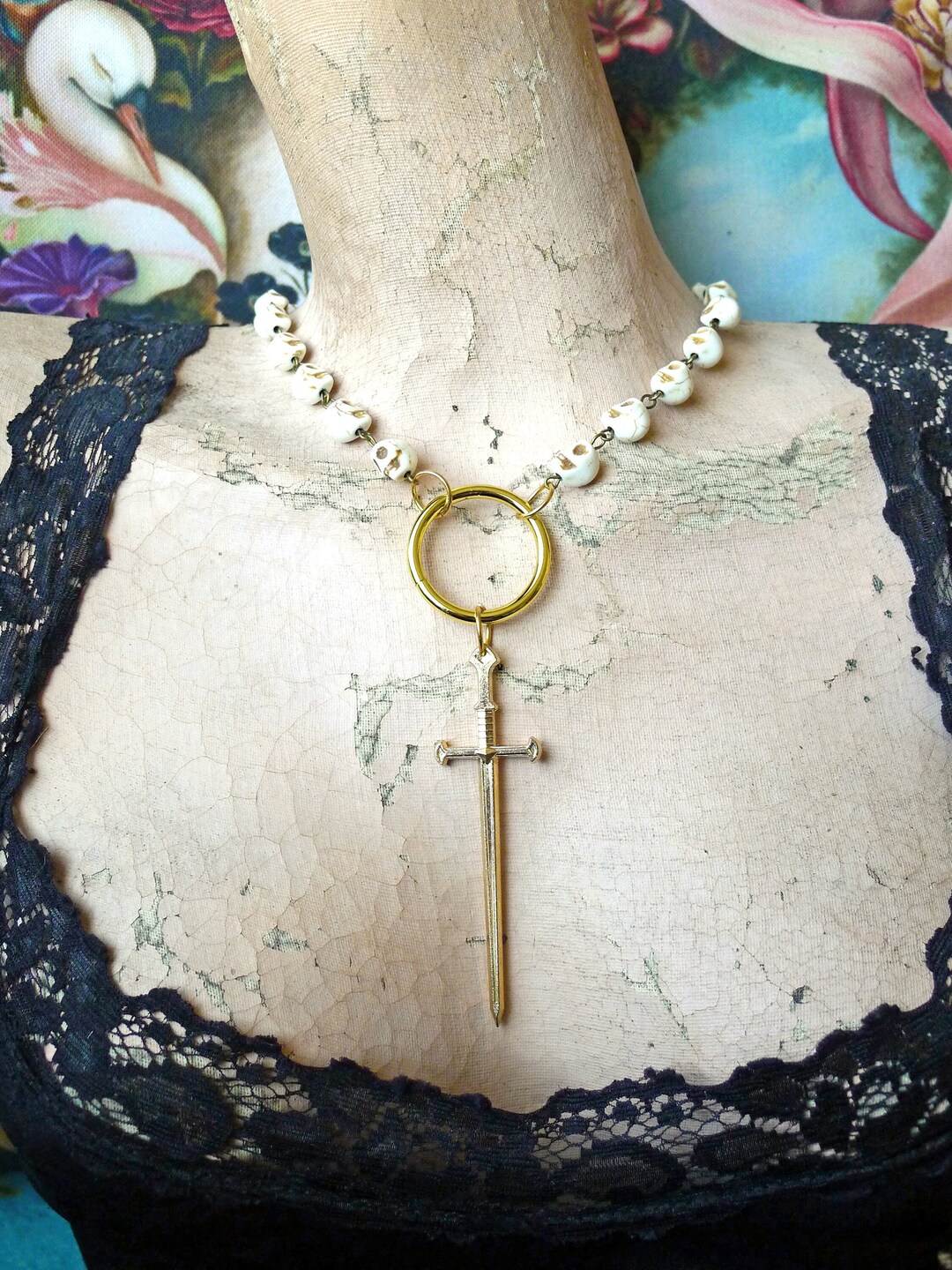 Skull and Sword // Gold Sword Necklace W/ Howlite Skull Beads Oring ...