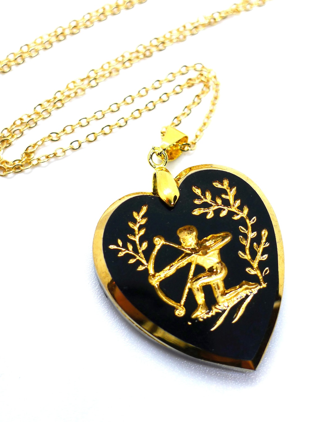 Cupid's Heart // 1940s Jet Glass & Gold Painted Cherub Heart Pendant ...