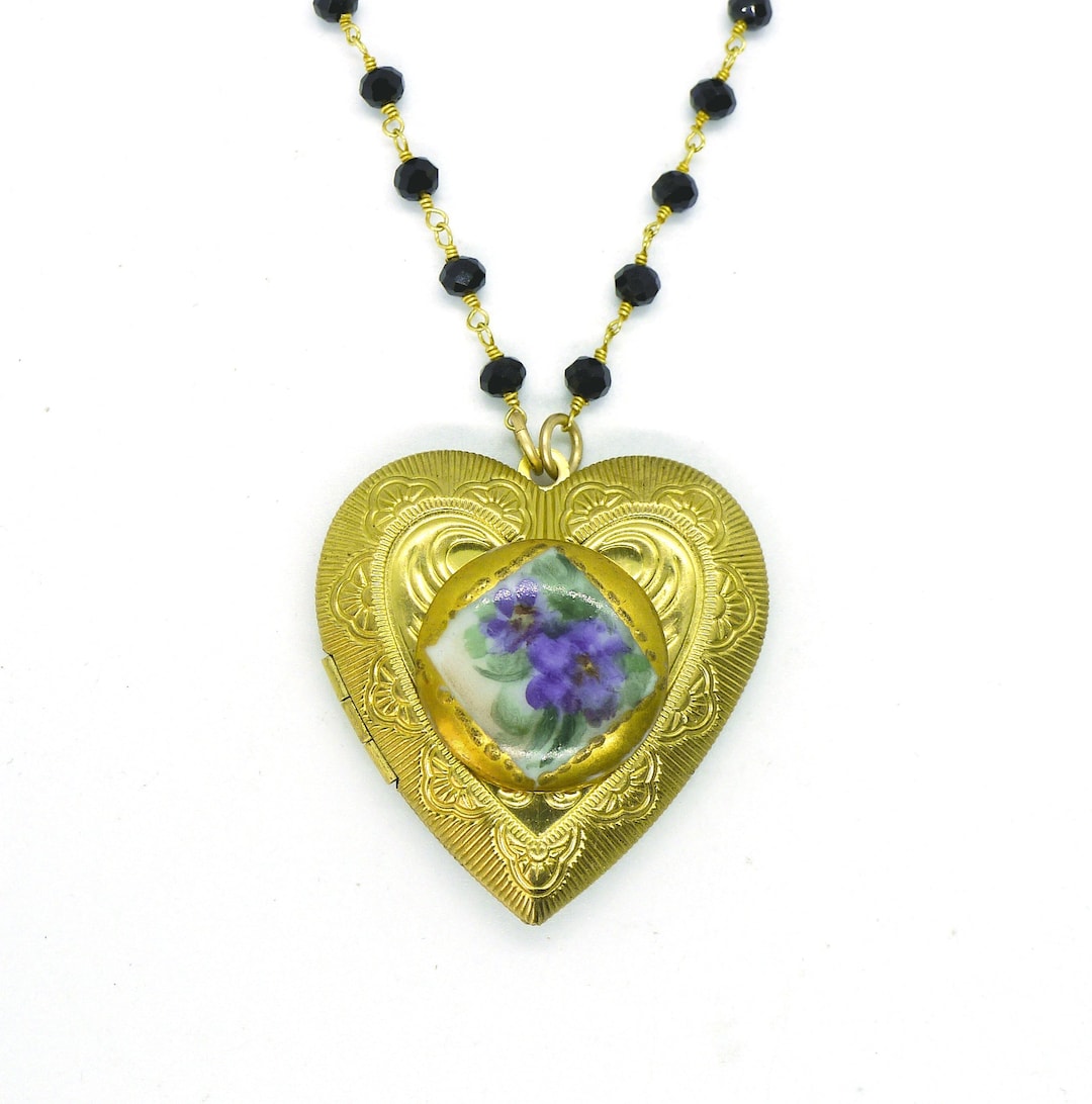 Violet Locket // 1900s Porcelain Hand Painted Victorian Floral Cameo on ...