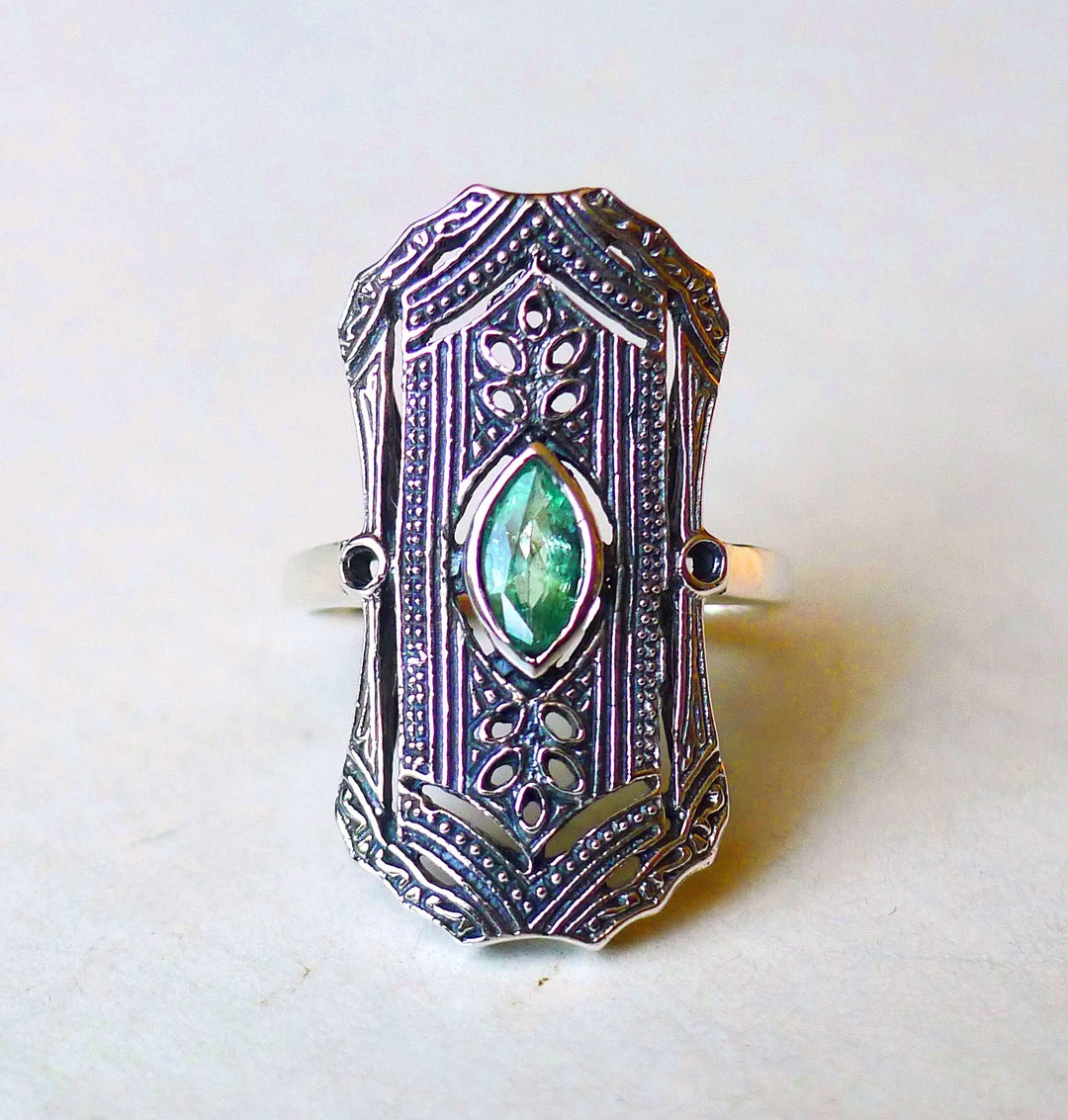 Art Deco Style Sterling Silver Ring With Natural Emerald // Victorian ...