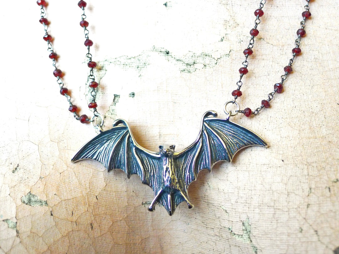 Garnet Bat Collar // Sterling Silver Plated Bat Necklace With - Etsy