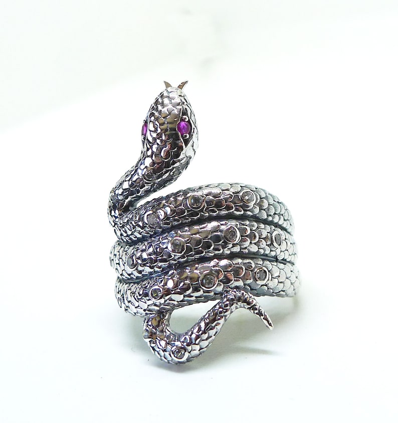 Sterling Silver Snake Ring With Ruby Eyes and White Topaz // Victorian ...