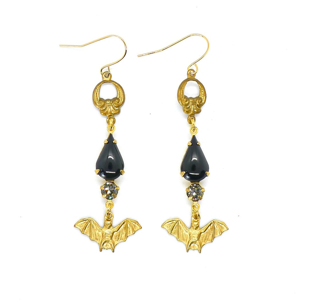 Black Diamond Bat // Gold Bat Drop Earrings W/ Jet Glass & Swarovski ...