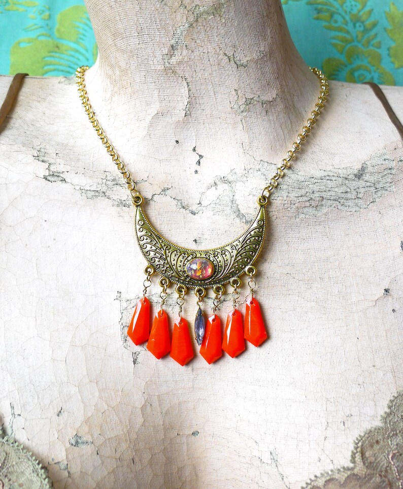 Gypsy Fringe // Gold Crescent Statement Necklace W/ Vintage | Etsy