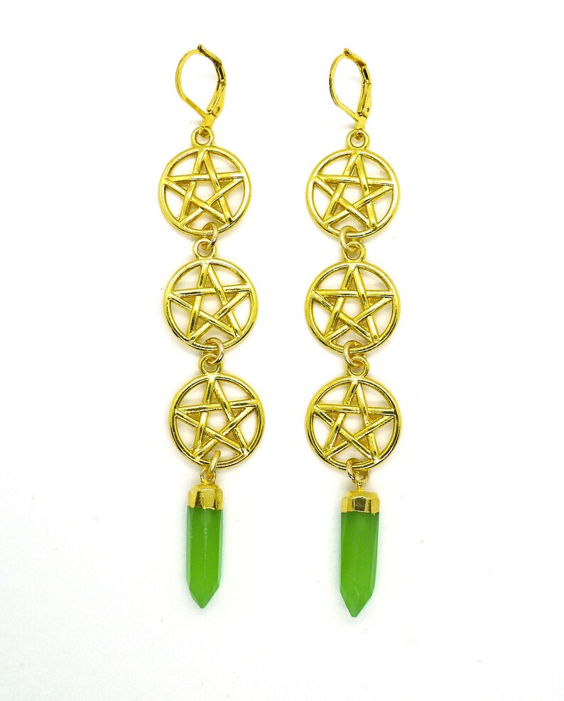 Green Fairy // Triple Gold Pentacle Earrings W/ Chrysoprase Points in ...